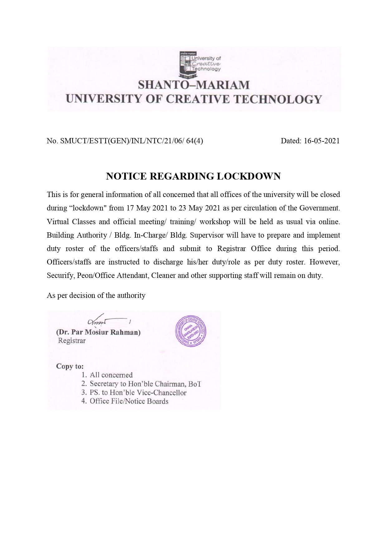 Notice regarding Lockdown (17-23 May) – Most popular university in ...